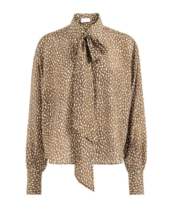 Brunello Cucinelli Silk Dapple Pongee Pussybow Blouse With Monili