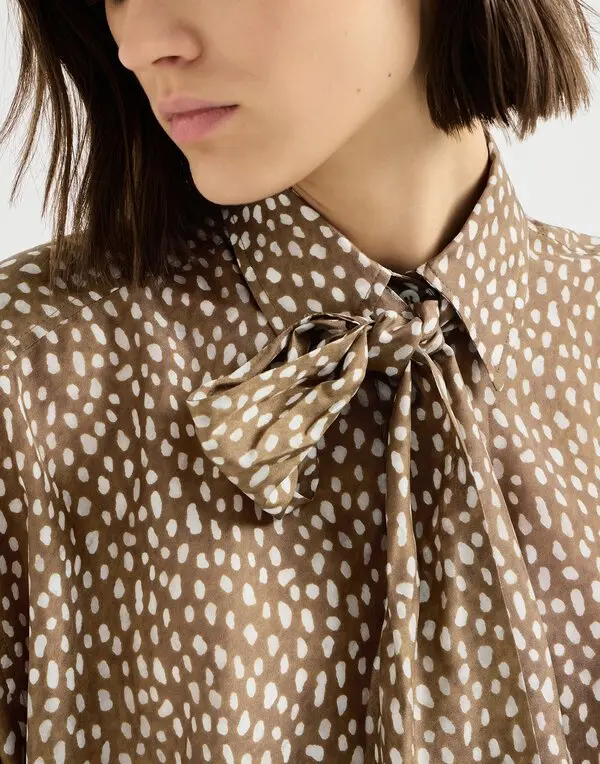 Brunello Cucinelli Silk Dapple Pongee Pussybow Blouse With Monili