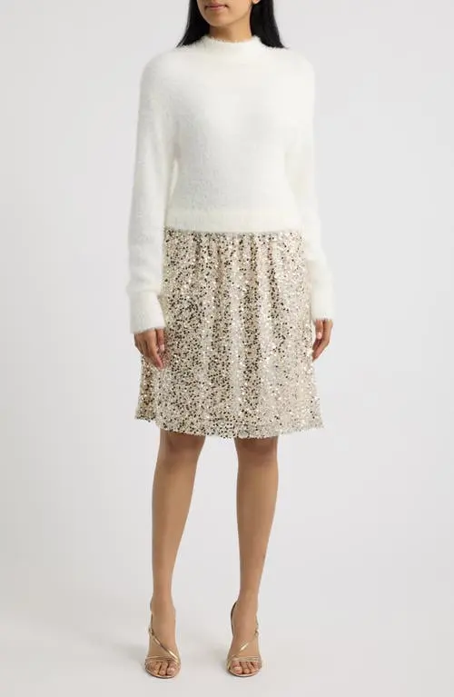 Vince Camuto Drop Waist Long Sleeve Mixed Media Dress - Silver
