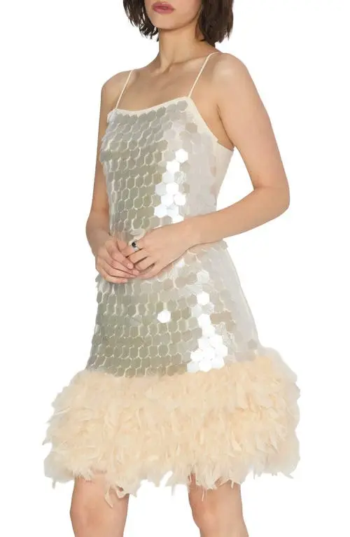 CIEBON Blanche Sequin Feather Trim Minidress