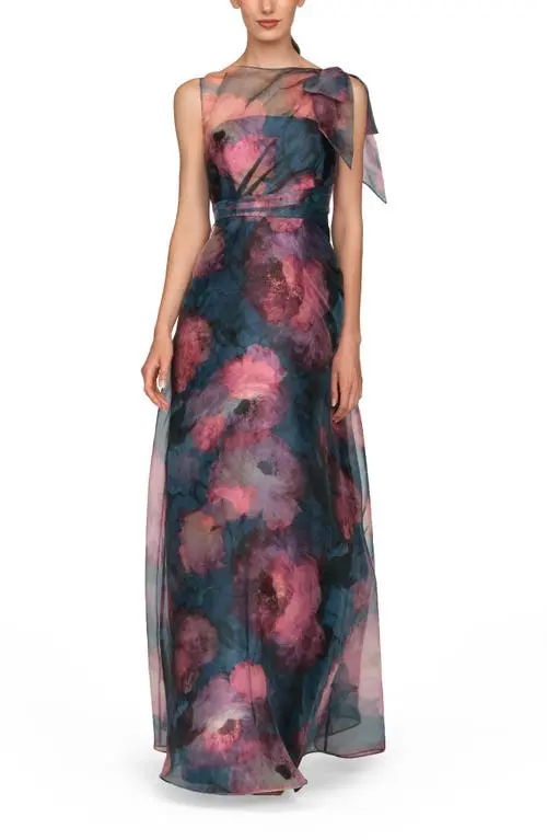 KAY UNGER Jocelyn Tie Neck Gown - Chambray Multi