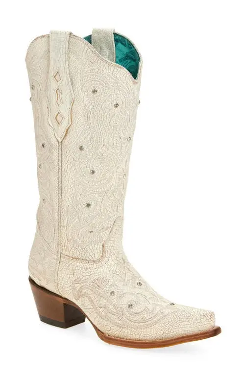 CORRAL Crystal & Embroidered Crackled Mid Calf Western Boot