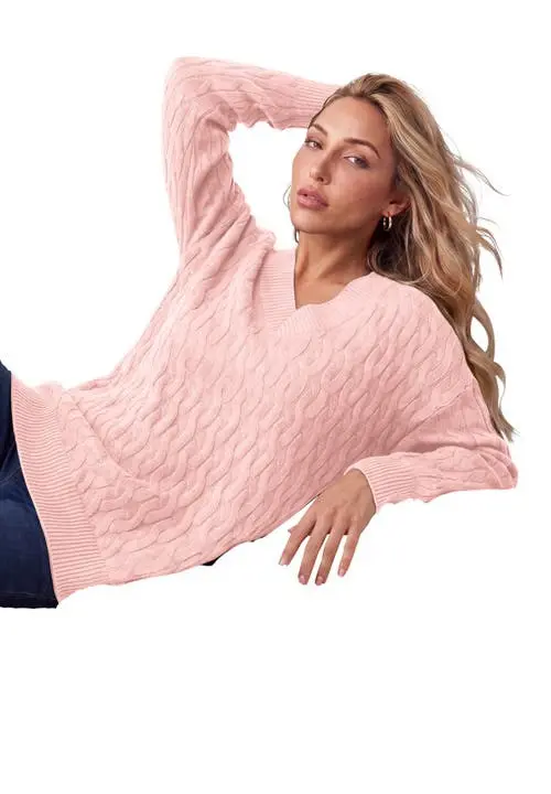 Roaman's Cozy Cable V Neck Tunic Sweater - Soft Blush