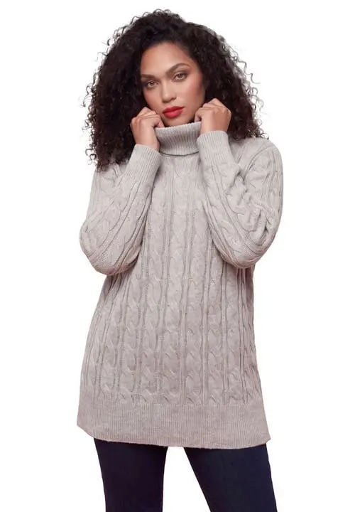 Roaman's Cozy Cable Turtleneck Sweater - Heather Grey