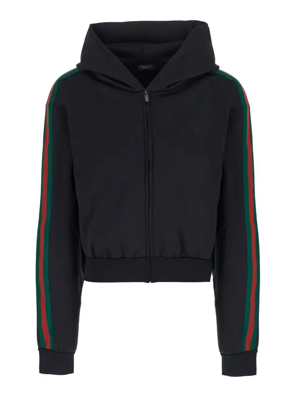 Gucci Black Sweatshirt With Front Logo And Web Stripe On The Sleeves In Cotton Blend - Multicolor