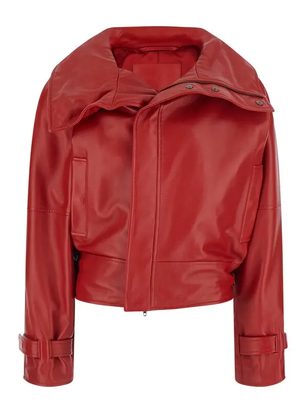 Balenciaga Red Crop Jacket With Oversized Collar And Logo Lettering On The Front In Leather For - Multicolor