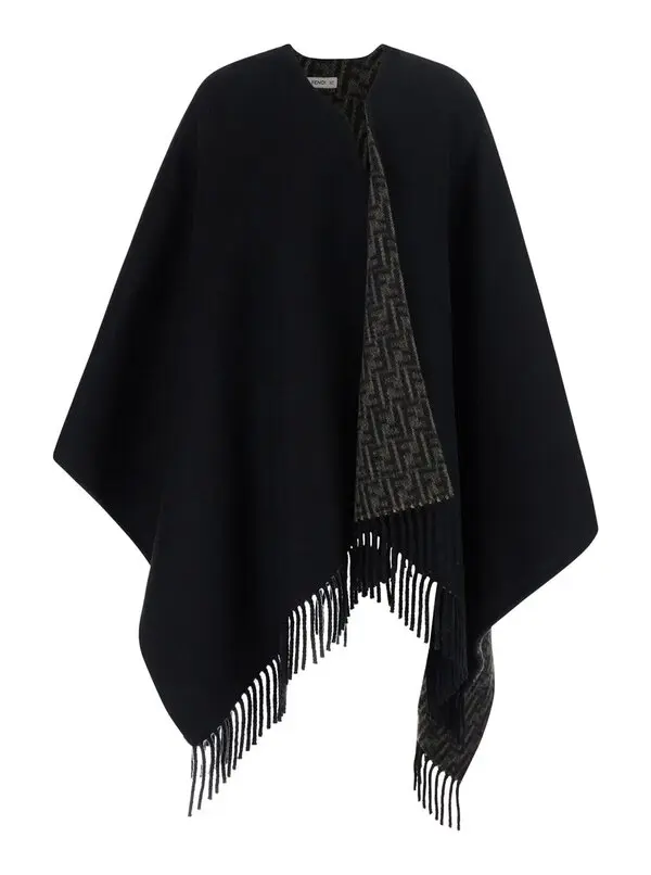 Fendi Black Double-faced Poncho With Inner Ff Motif In Wool And Cashmere Blend - Multicolor
