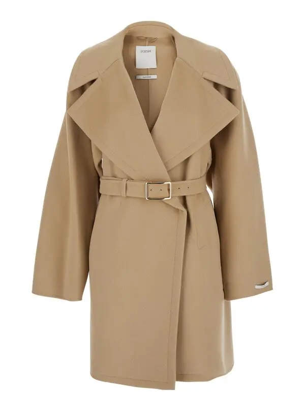 Sportmax Beige Coat With Wide Notched Revers And Waist Belt For - Multicolor
