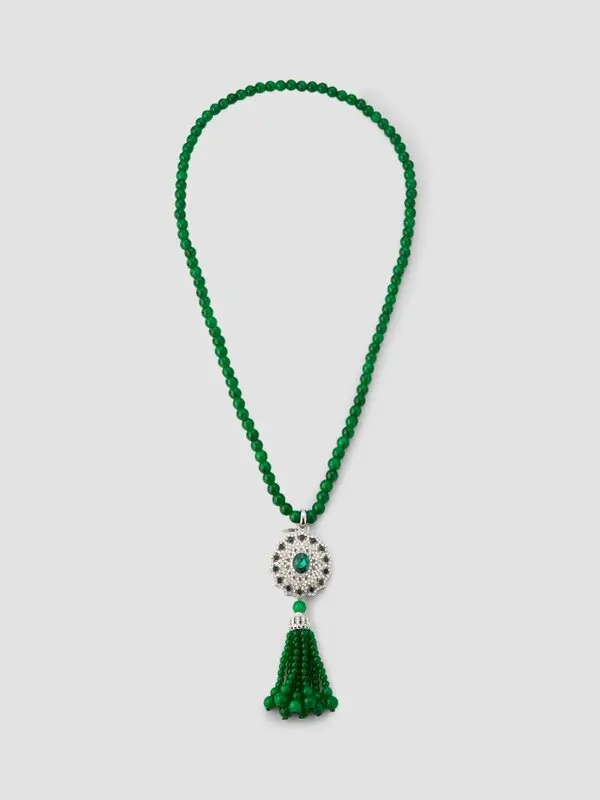 KENNETH JAY LANE Glass Bead & Crystal Tassel Pendant Necklace - Emerald