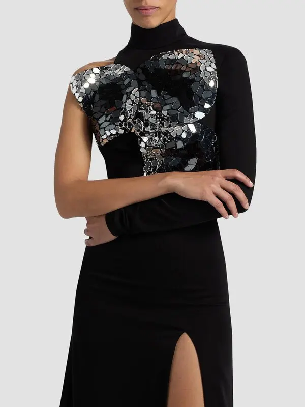 AREA Embroidered Ombré Crystal One-sleeve Gown