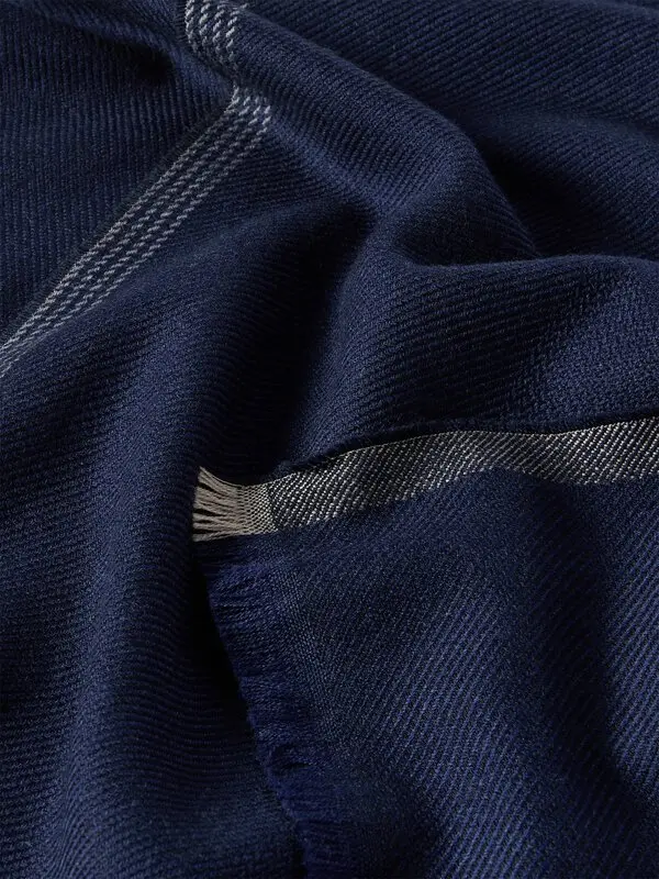 Brunello Cucinelli Wool And Cashmere Diagonal Scarf With Striped Edge - Blue