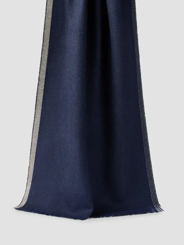 Brunello Cucinelli Wool And Cashmere Diagonal Scarf With Striped Edge - Blue