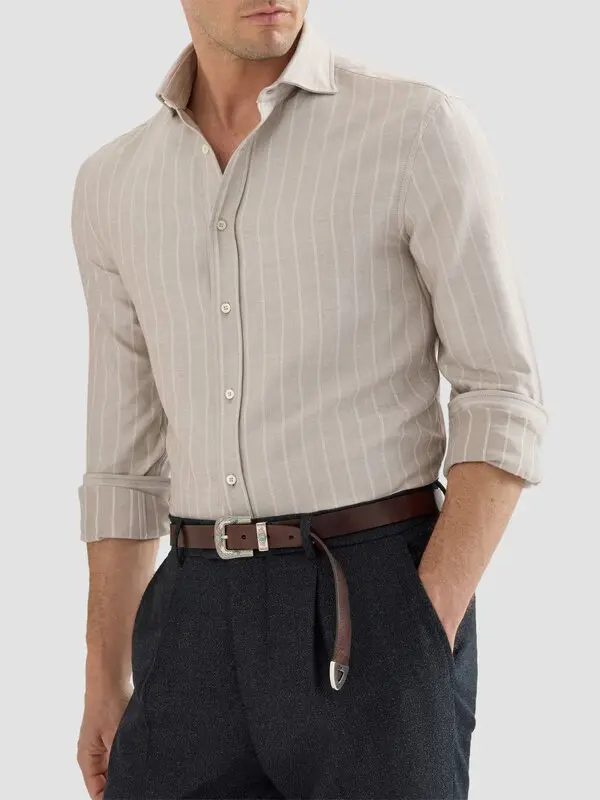 Brunello Cucinelli Lyocell And Cotton Chalk Stripe Flannel Shirt
