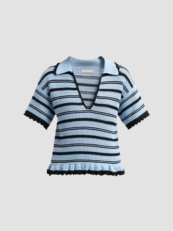 Ulla Johnson Remi Striped Cotton Knit Polo Shirt - Hydrangea Noir