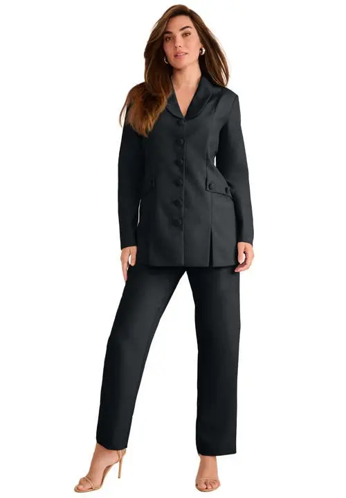 Roaman's Extended Long Sleeve Ten Button Shawl Collar Pant Suit 2 Piece Pant Set - Black