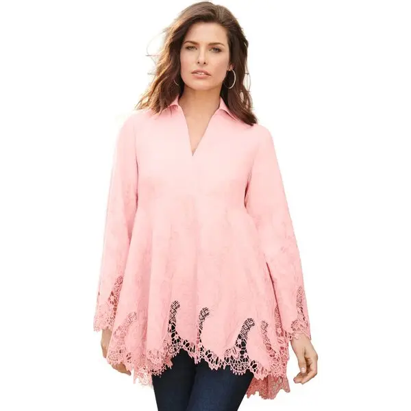 Roaman's Extended Poplin Embroidered Swing Tunic - Soft Blush