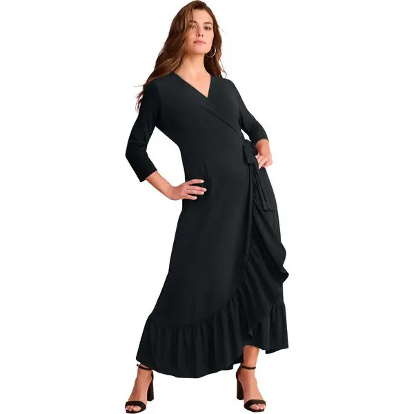 Roaman's Stretch Knit Faux Wrap Flounce Sleeve Midi Dress - Black