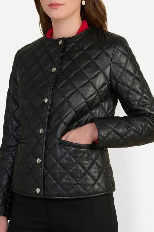 FURNIQ UK Marlowe Collarless Quilted Leather Jacket