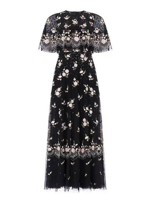 NEEDLE & THREAD Henrietta Embroidered Scallop Cape Dress - Jet Black/multi