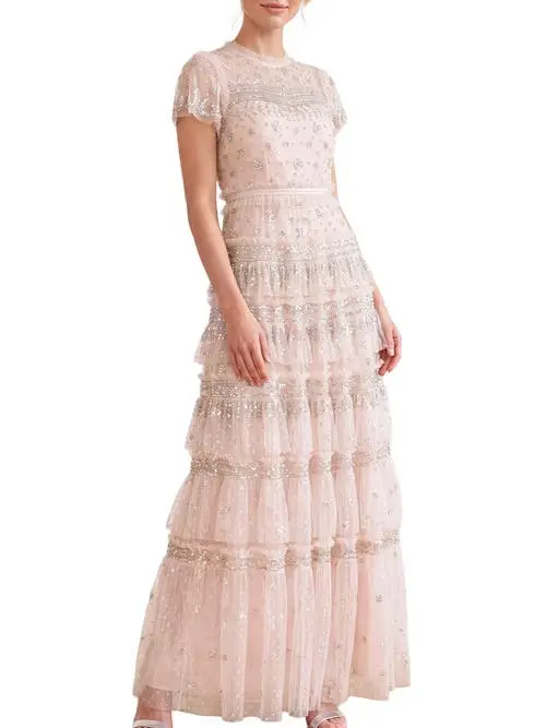 NEEDLE & THREAD Andromeda Embellished Tiered Maxi Dress - Soft Peony/silver