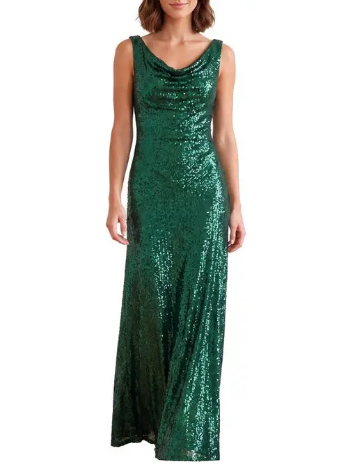 NEEDLE & THREAD Evangeline Sequin Cowl Neck Maxi Dress - Pine