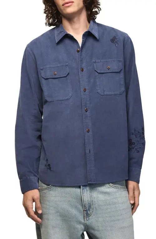 Lucky Brand Floral Embroidered Corduroy Work Shirt - Indigo