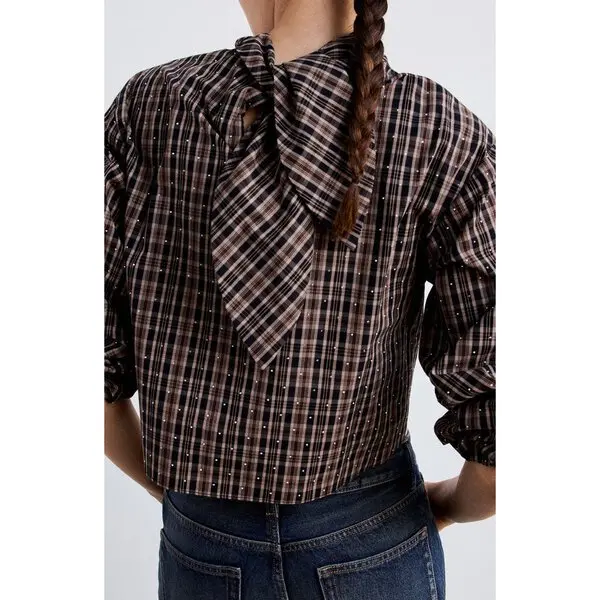 Mango Rhinestone Plaid Top - Brown