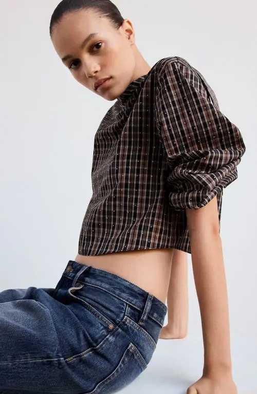 Mango Rhinestone Plaid Top