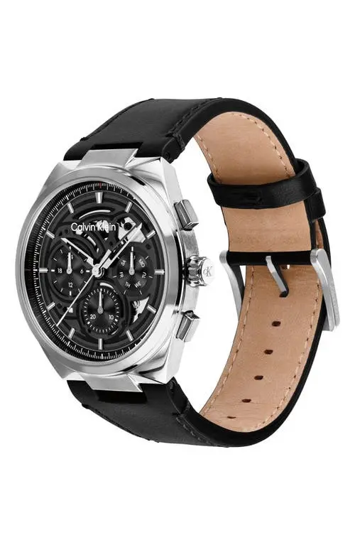 Calvin Klein Distinguish Skeleton Leather Strap Watch - Black