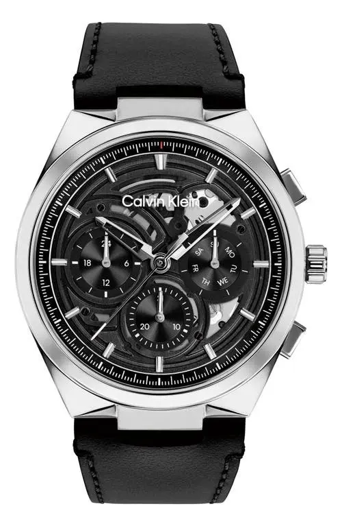 Calvin Klein Distinguish Skeleton Leather Strap Watch - Black