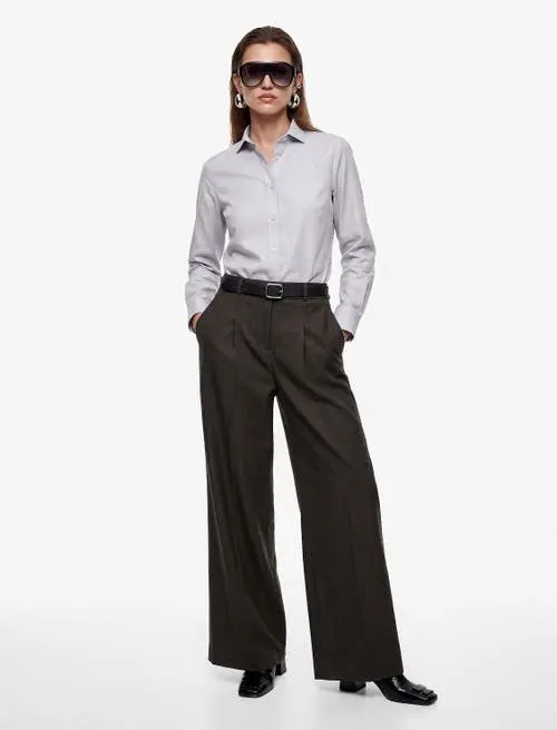 Koton High Rise Pleated Wide Leg Tailored Trousers With Belted - Anthracite