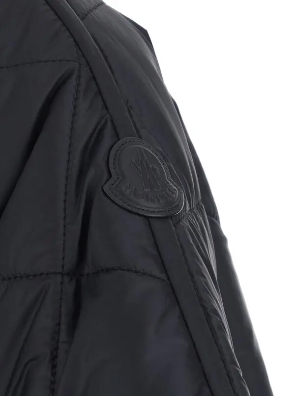 Moncler Black Hooded Cape With Logo Patch On The Sleeve In Tech Fabric For