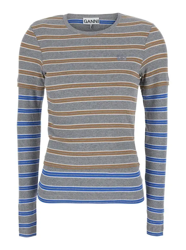 GANNI Long-sleeved Crew-neck T-shirt With All-over Motif In Stretch Cotton For - Multicolor