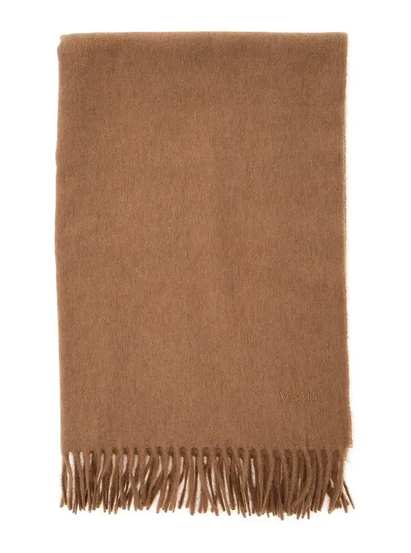 Max Mara Beige Scarf With Fringed Hem And Logo Lettering On The Front In Wool For - Multicolor