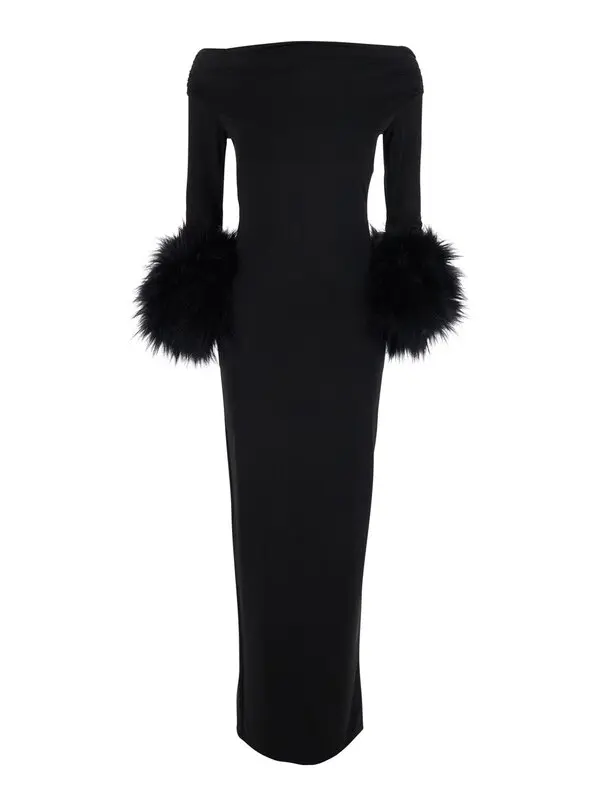 Andamane Tyla' Black Long Dress With Off-shoulder Design And Eco-fur Cuffs In Tech Fabric For - Multicolor