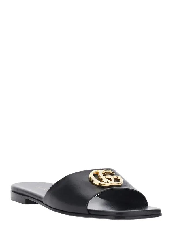 Gucci Black Sandals With Front Gg Logo Plaque In Leather For