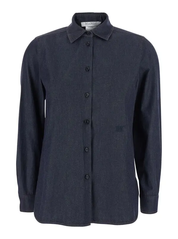 Max Mara Molo' Blue Shirt With Classic Collar And Logo Embroidery On The Front In Cotton For - Multicolor