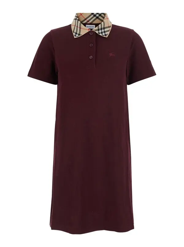 Burberry Iris' Bordeaux Dress With Classic Collar With Motif Check And Ekd Embroidery On The Front In Cotton For - Multicolor