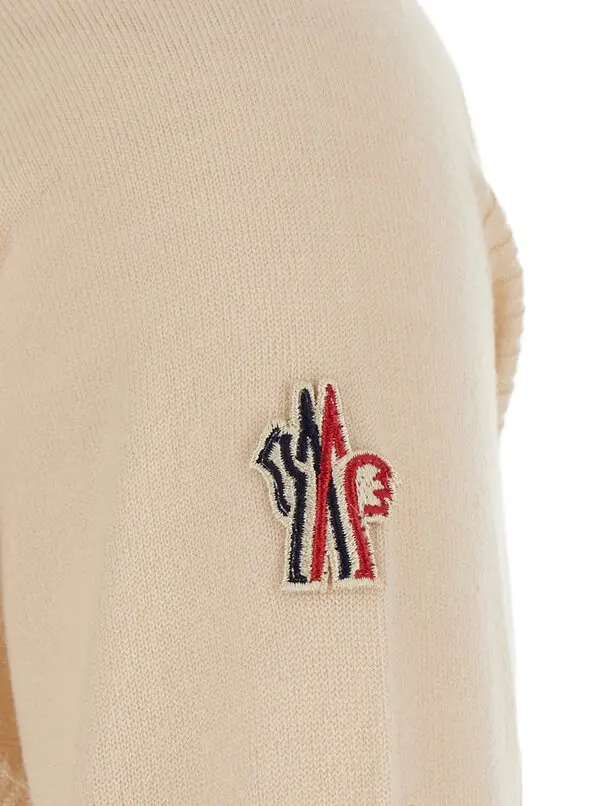 Moncler Beige Turtleneck Sweater With Logo Patch On The Sleeve In Wool