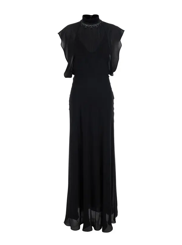 Fendi Black Long Sleeveless Dress With Cape-effect Bodice And Embroidered Neck In Silk For - Multicolor