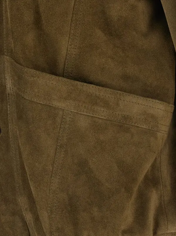 Saint Laurent Green Double-breasted High-neck Jacket In Suede