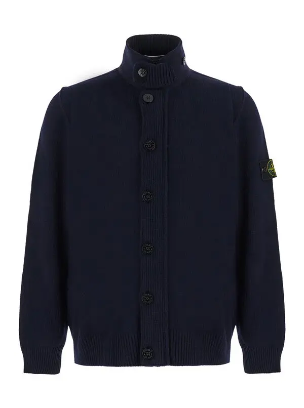 Stone Island Blue Cardigan With High Collar And Logo Patch On The Sleeve In Wool For - Multicolor
