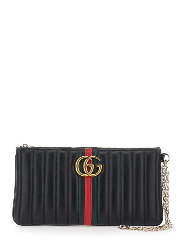 Gucci Marmont' Black Clutch With Chain Shoulder Strap And Web Stripe With Gg Plaque On The Front In Leather For - Multicolor
