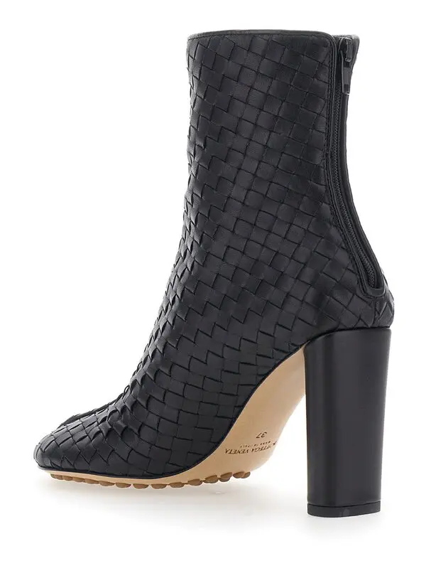 Bottega Veneta Cherry' Black Ankle Boots With All-over Intreccio Design In Leather - Multicolor