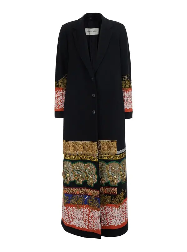 Dries Van Noten Richy' Black Long Coat With Lapel Collar And All-over Applied Embroidery In Wool For - Multicolor