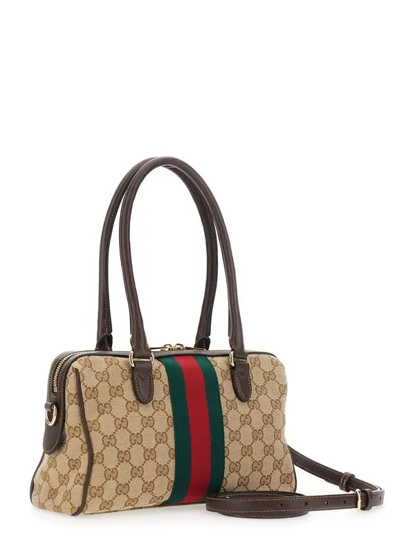 Gucci Beige Shoulder Bag With Horsebit And Web Stripe And Adjustable Removable Shoulder Strap In Gg Canvas For