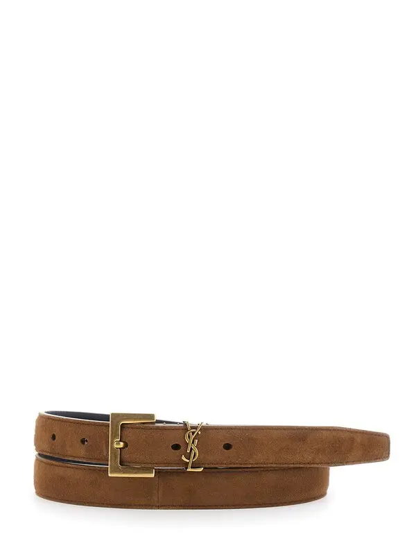 Saint Laurent Belt With Cassandre Buckle Closure In Suede For - Brown