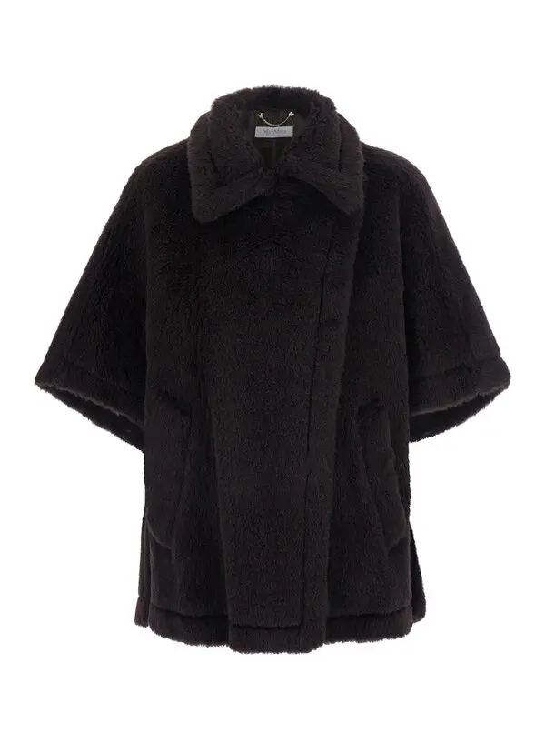 Max Mara Tebe' Cape With Button Collar And Kimono Sleeves In Wool Blend For - Brown