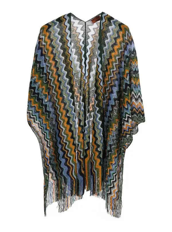 Missoni Green Cape With Fringed Hem And Zigzag All-over Motif In Viscose Blend For - Multicolor