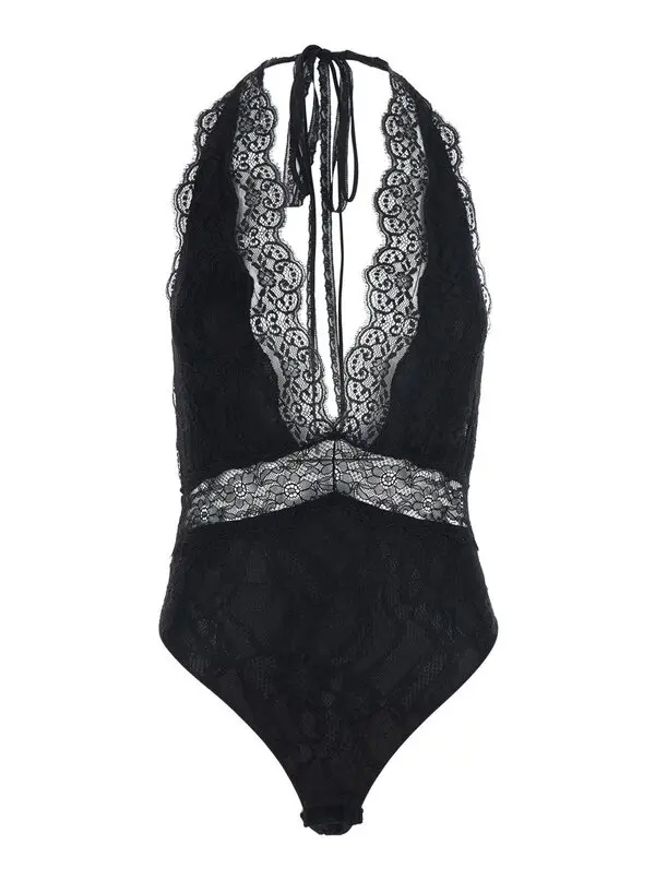 Andamane Florida' Black Bodysuit With Tie-neck Closure And Lace Embroidery In Tech Fabric For - Multicolor
